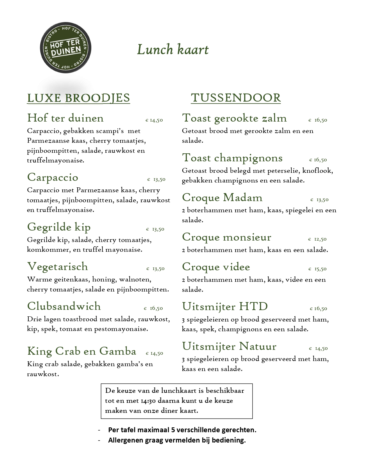 Menukaart – Hof Ter Duinen