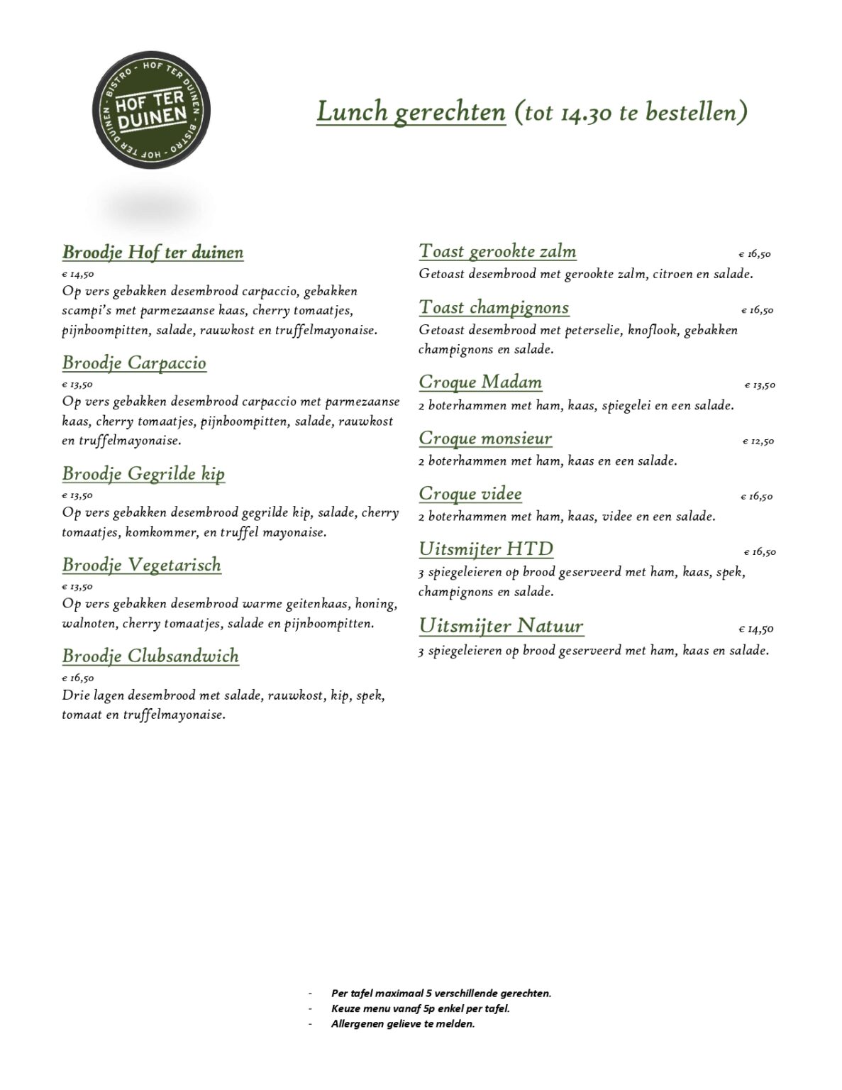 Menukaart – Hof Ter Duinen